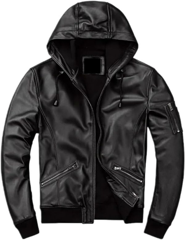 Mens Biker Genuine Leather Hooded Leather Jacket Café Racer Casual Mens ...